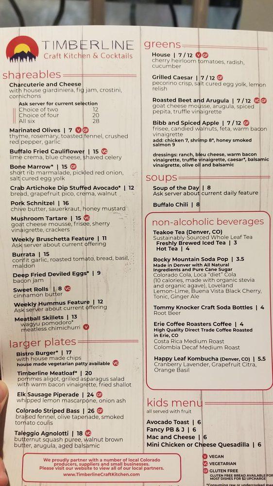 Carta del pub y bar Timberline Craft Kitchen & Cocktails, Silverthorne