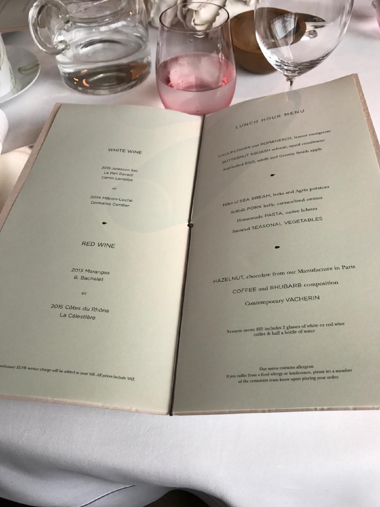 Menu at Alain Ducasse at The Dorchester restaurant, London, 53 Park Ln