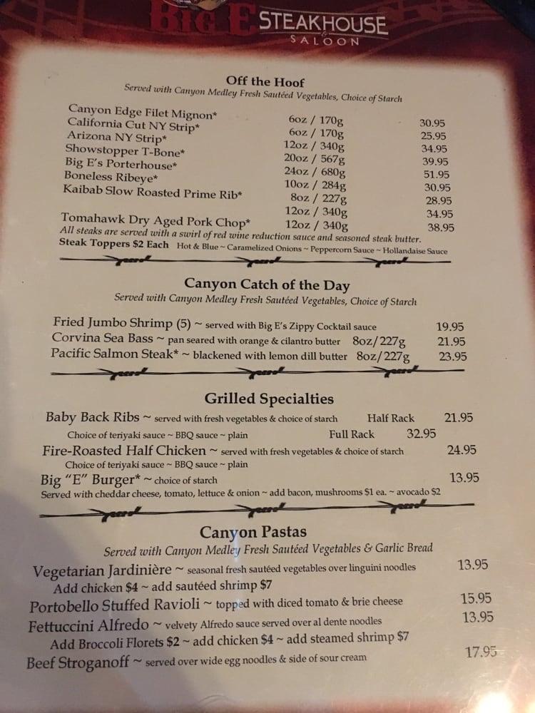 Menu at Big E Steakhouse & Saloon, Tusayan