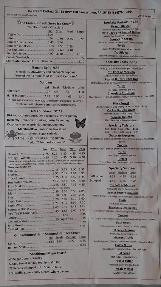 Carta del restaurante Ice Cream Cottage, Saegertown, PA-198
