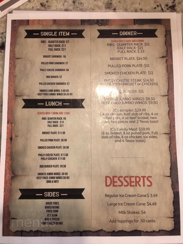 Menu at JC’s Smokehouse restaurant, Nicholasville