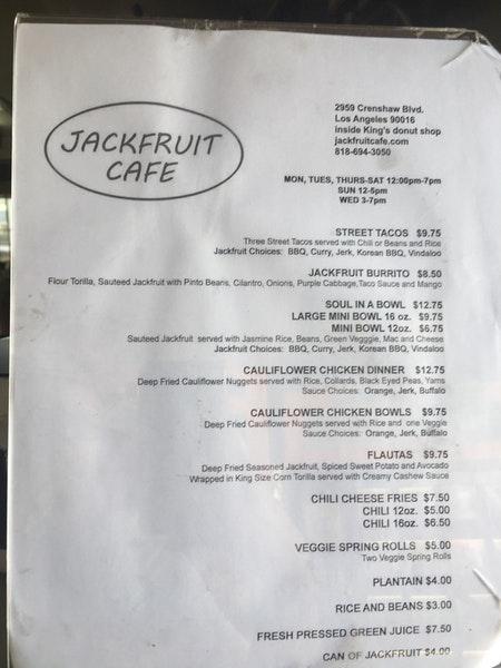 Menu at Jackfruit Cafe, Los Angeles, Crenshaw Blvd