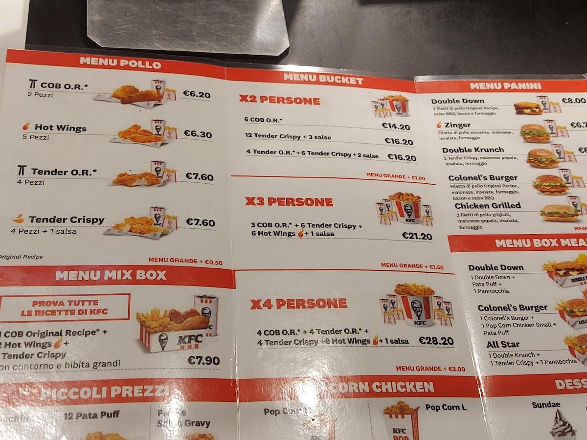 Menu at KFC restaurant, Palermo, Via Emanuele Notarbartolo