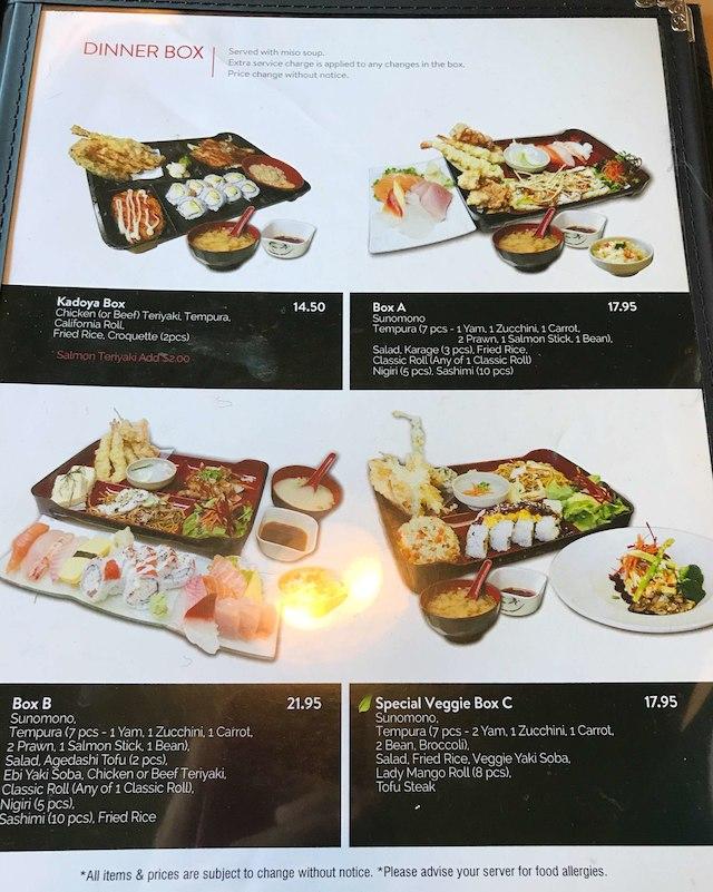 Menu at Kadoya Japanese Restaurant, Vancouver, Davie St