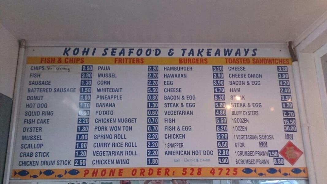 Menu at Kohi Fresh Fish & Takeaways fast food, Auckland