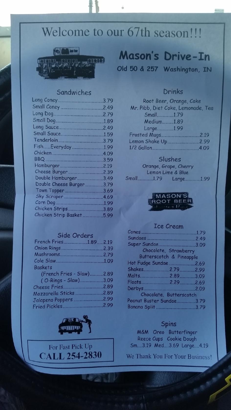 Menu at Mason's Root Beer Drive In restaurant, Washington