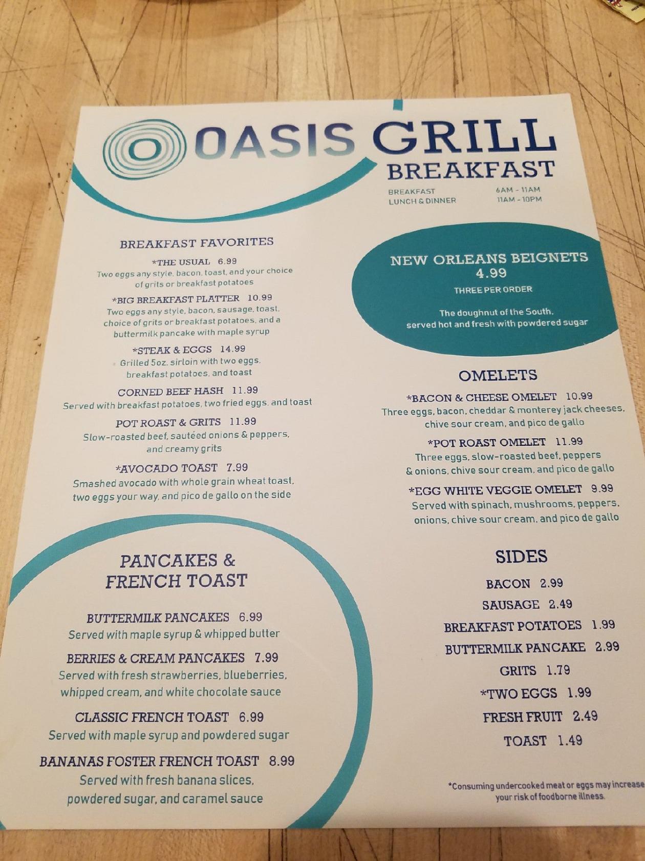 Menu at Oasis Resort pub & bar, Gulfport