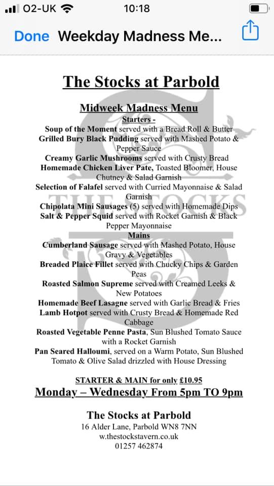 Menu at Stocks Tavern pub & bar, Up Holland