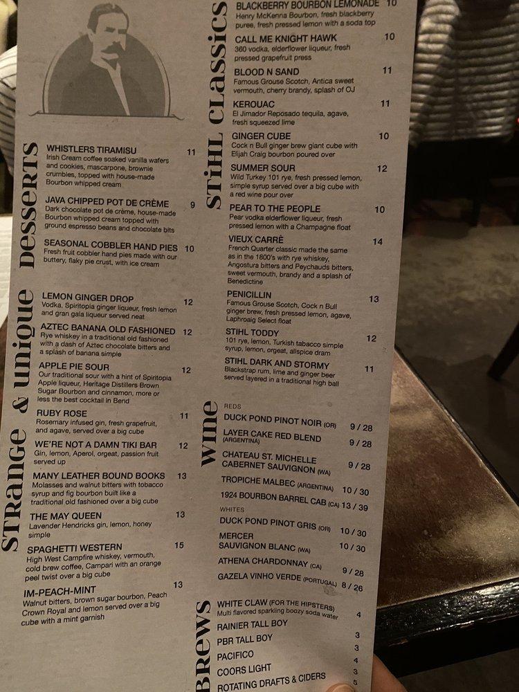 Menu at The Stihl Whiskey Bar, Bend