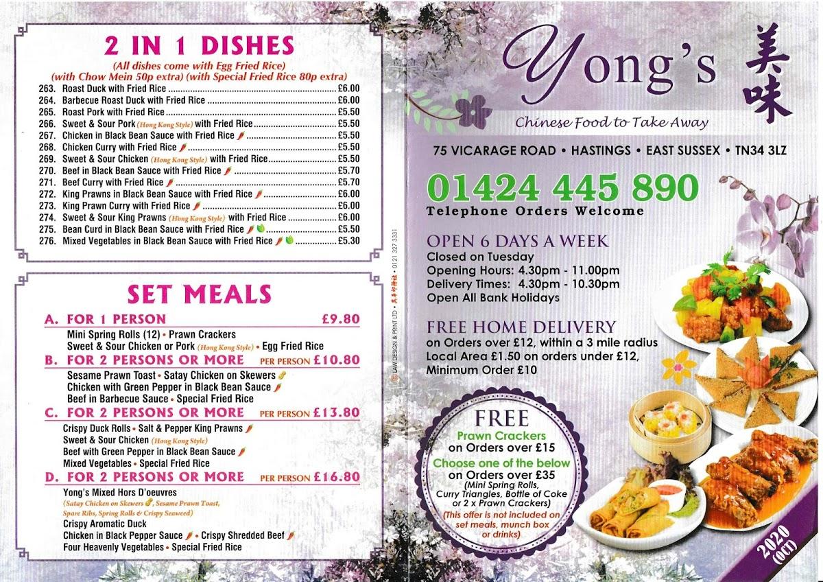 Menu at Yongs Take Away Food Shops fast food, Hastings