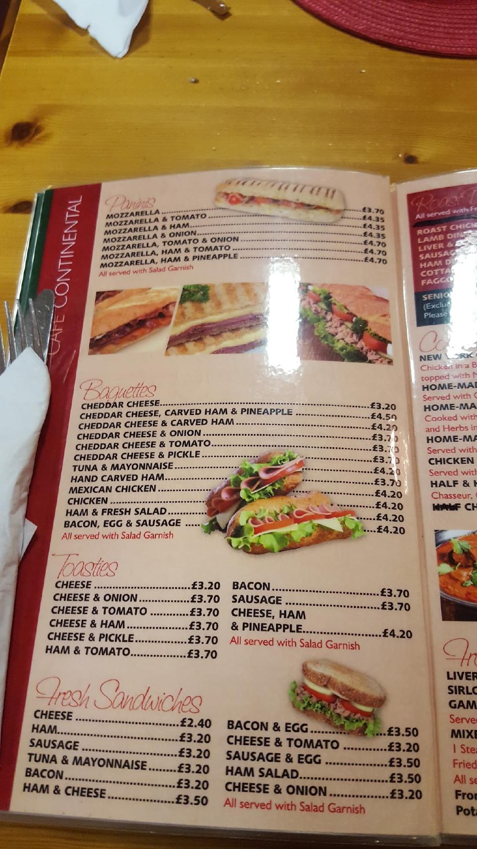 Menu at Continental cafe, Swansea, 37 Castle St