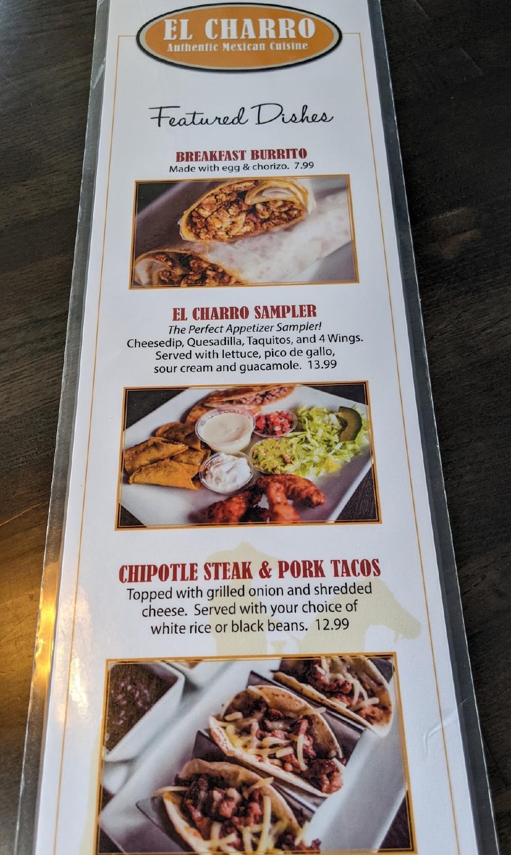 Carta del restaurante El Charro Authentic Mexican Cuisine, Lexington ...