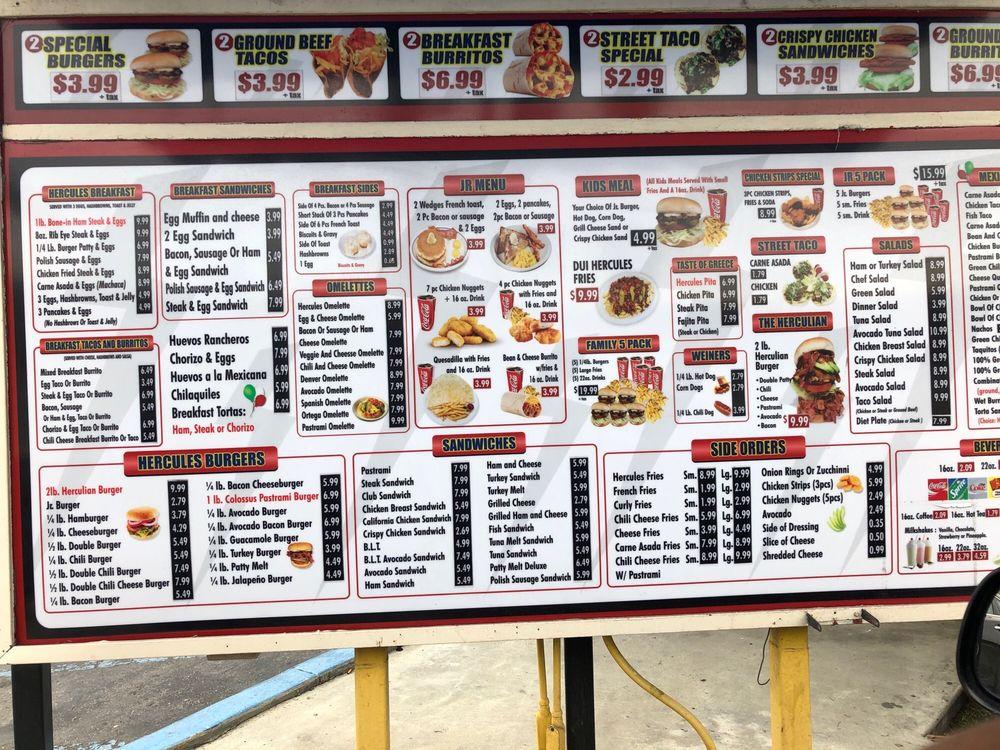 Menu at Hercules Burgers fast food, Lynwood