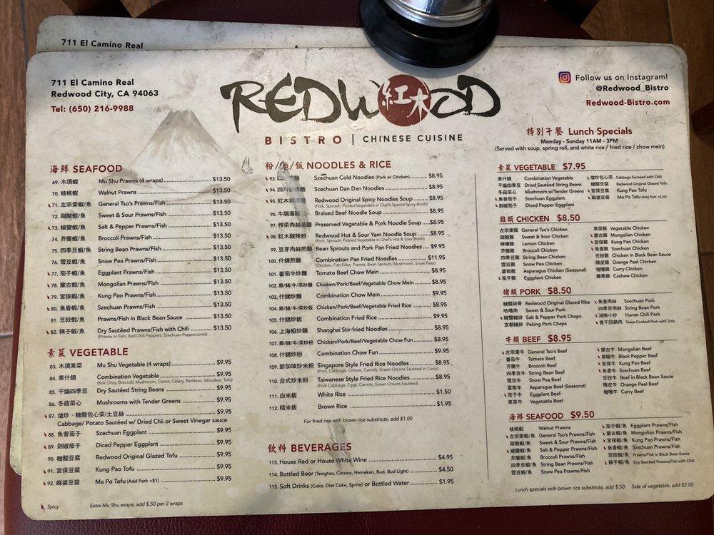 Menu at Redwood Bistro restaurant, Redwood City, 711 El Camino Real
