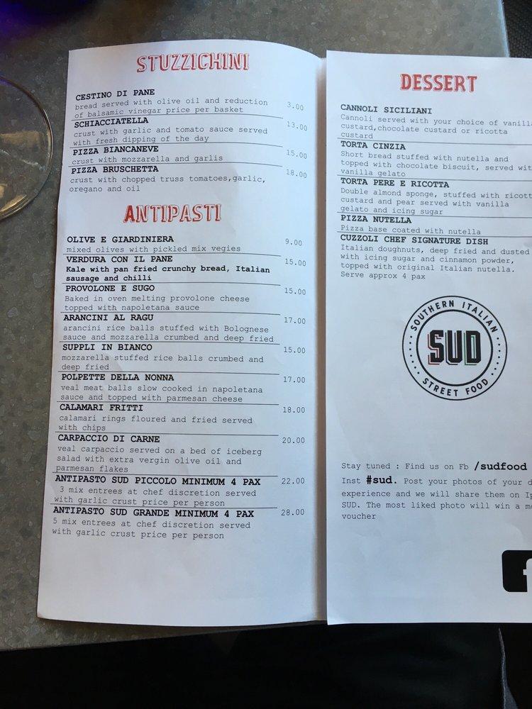Menu at Sud restaurant, Concord