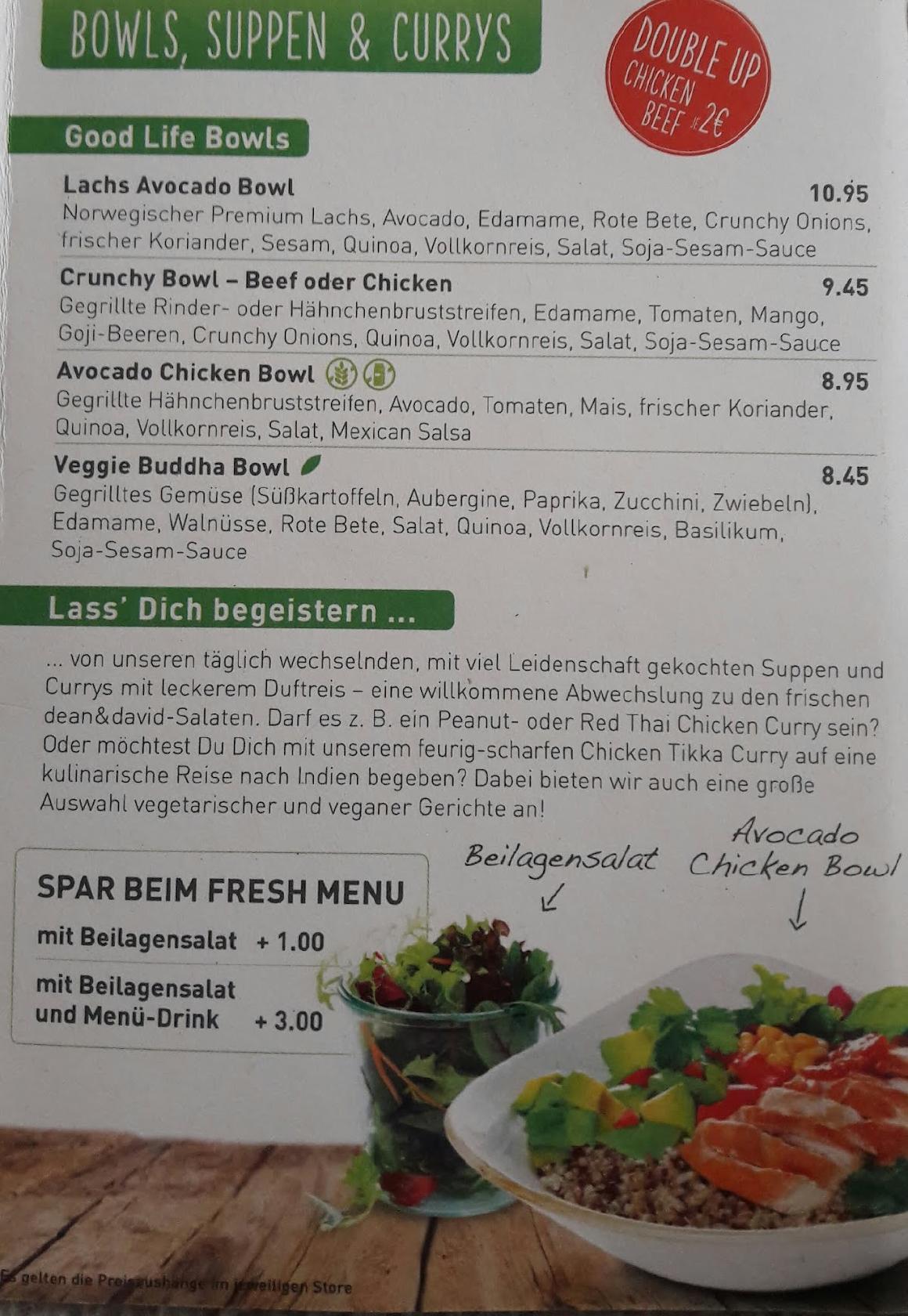 Speisekarte von dean & david fast Food, Regensburg, Donau-Einkaufszentrum