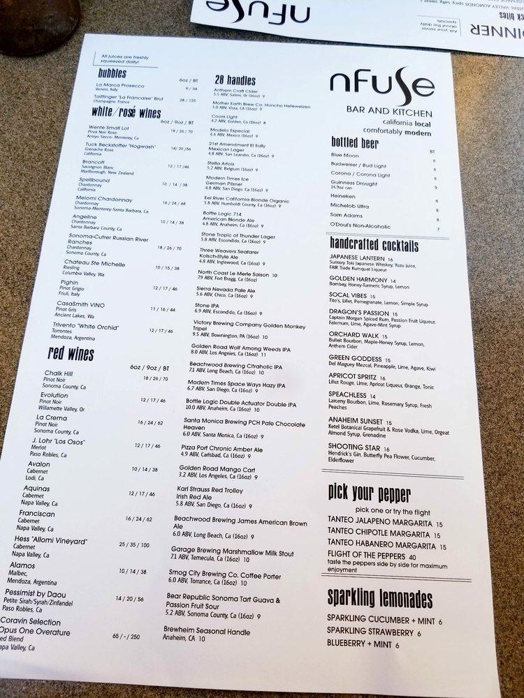 Menu at nFuse Restaurant, Bar & Lounge, Anaheim