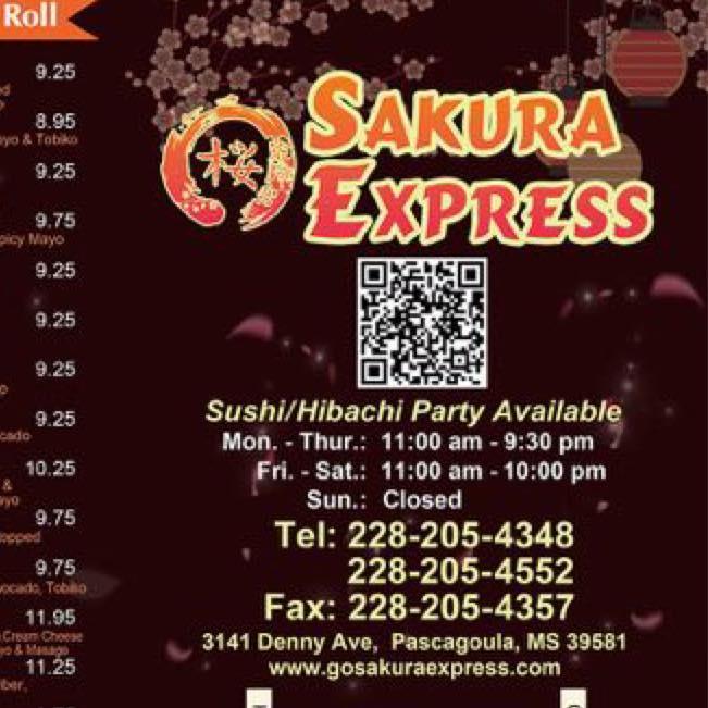 Menu at Sakura Express restaurant, Pascagoula