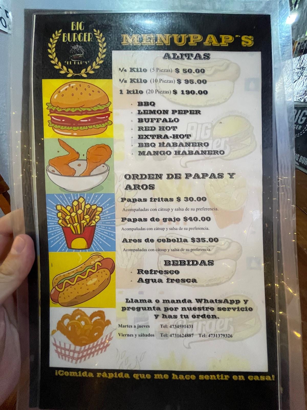 Menu at Big Burger El Pap’s restaurant, Guanajuato
