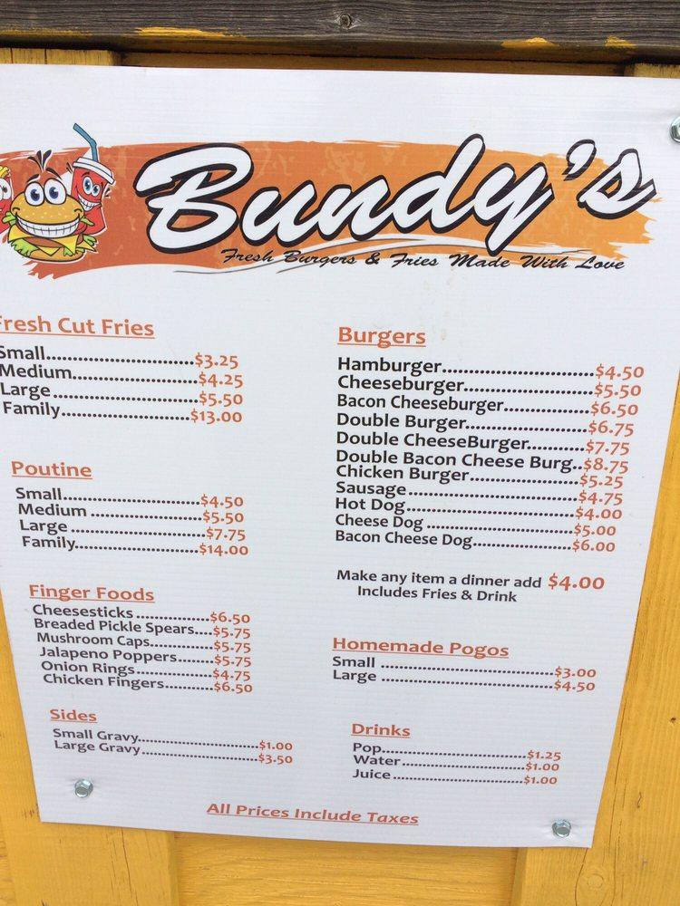 Menu at Bundy's Chip Stand restaurant, Sudbury