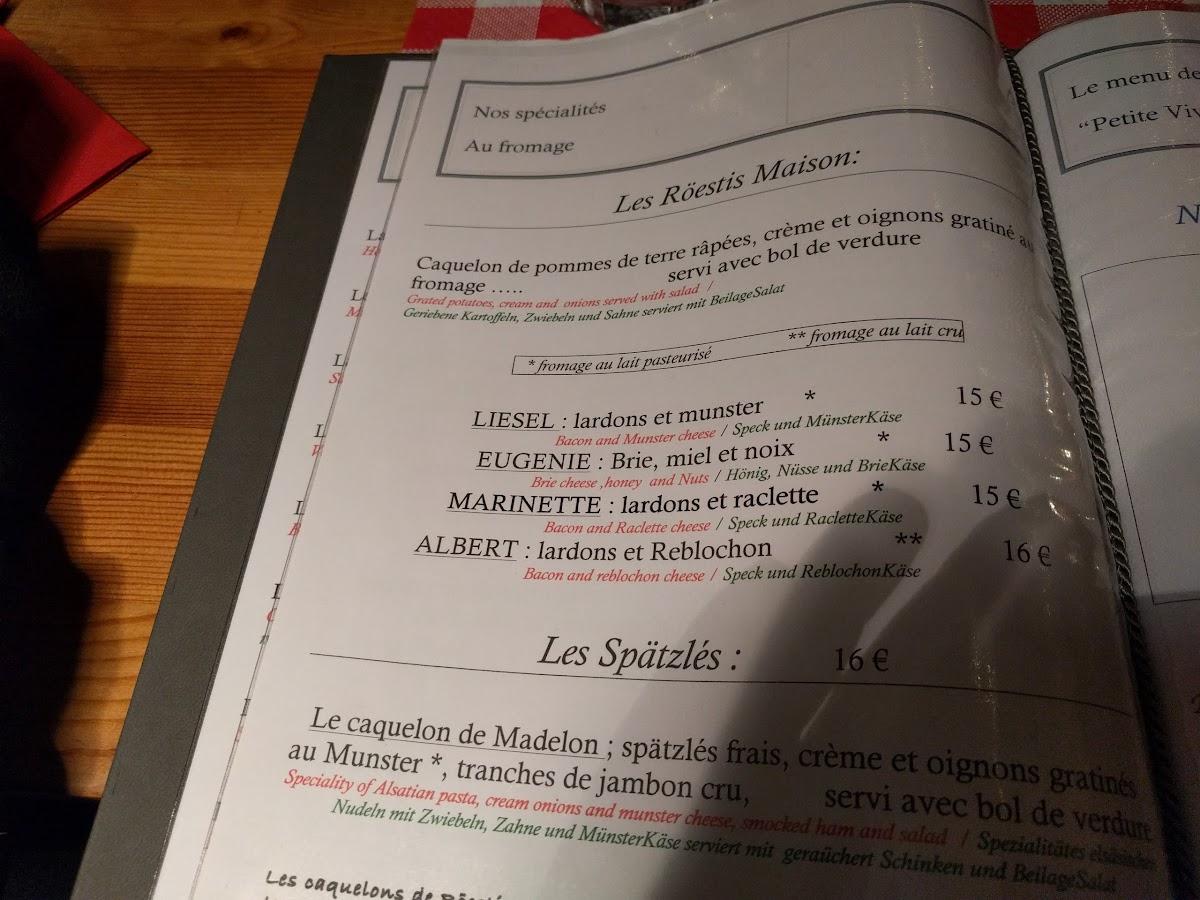 Menu at Caveau Saint Jean restaurant, Colmar