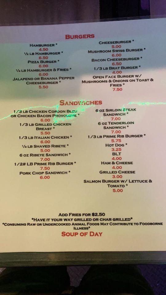 Menu at Dyno's Final Lap pub & bar, USA, Co Rd Y