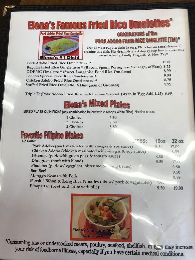 Menu at Elena's Restaurant, Waipahu, Tropicana Square Shopping Center