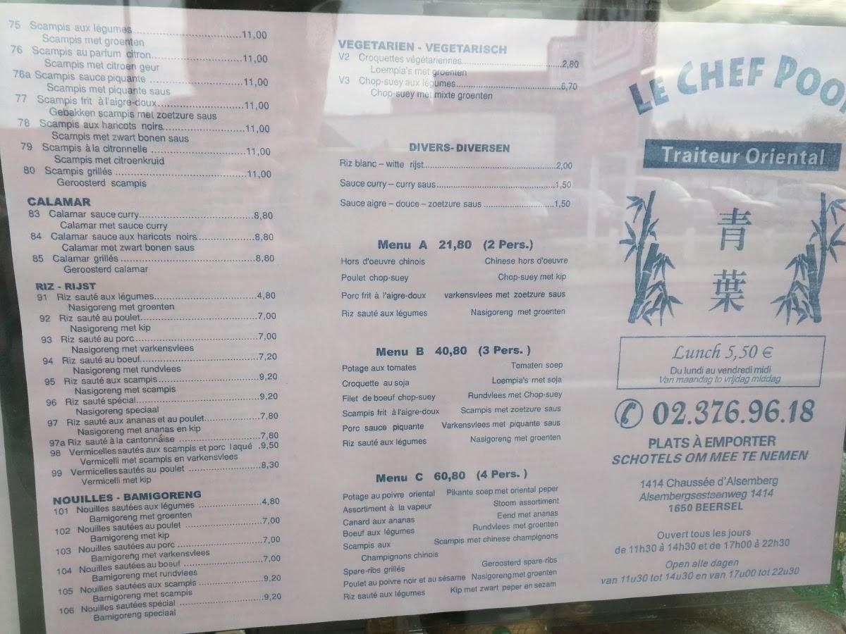 Menu at Le Chef Poon, Beersel, Steenweg op Alsemberg 1414