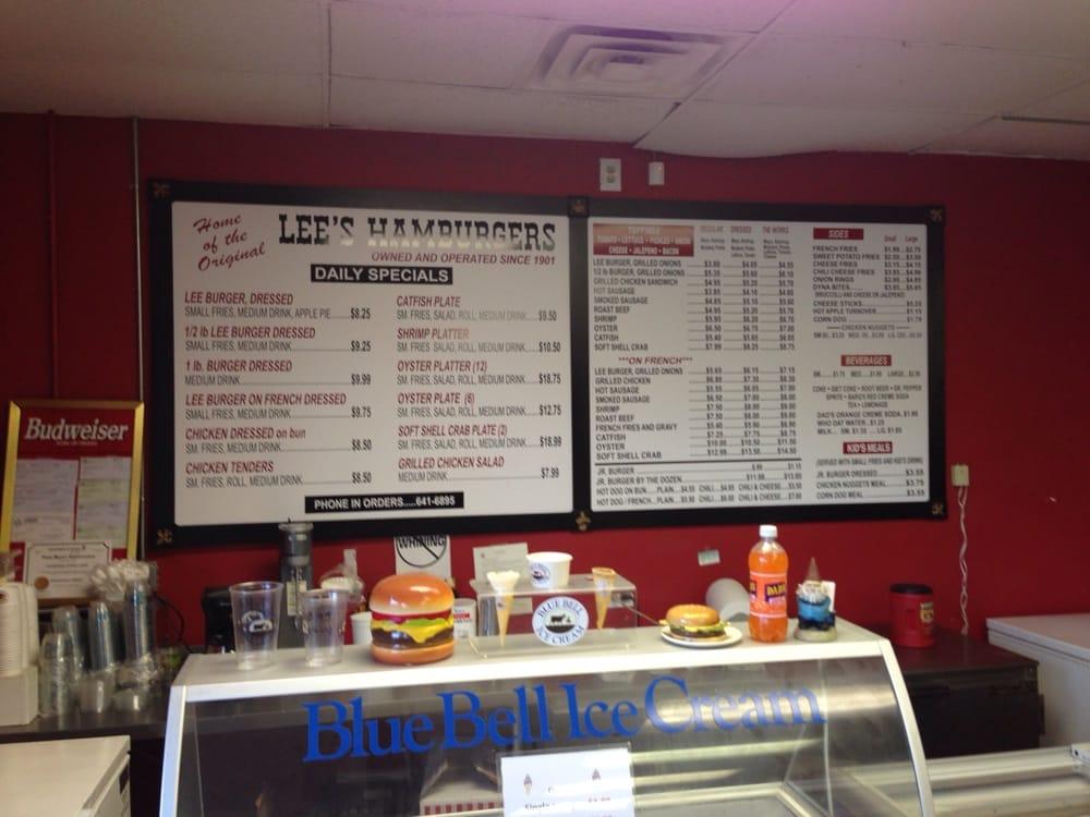Menu at Lee's Hamburgers restaurant, Slidell, Gause Blvd W