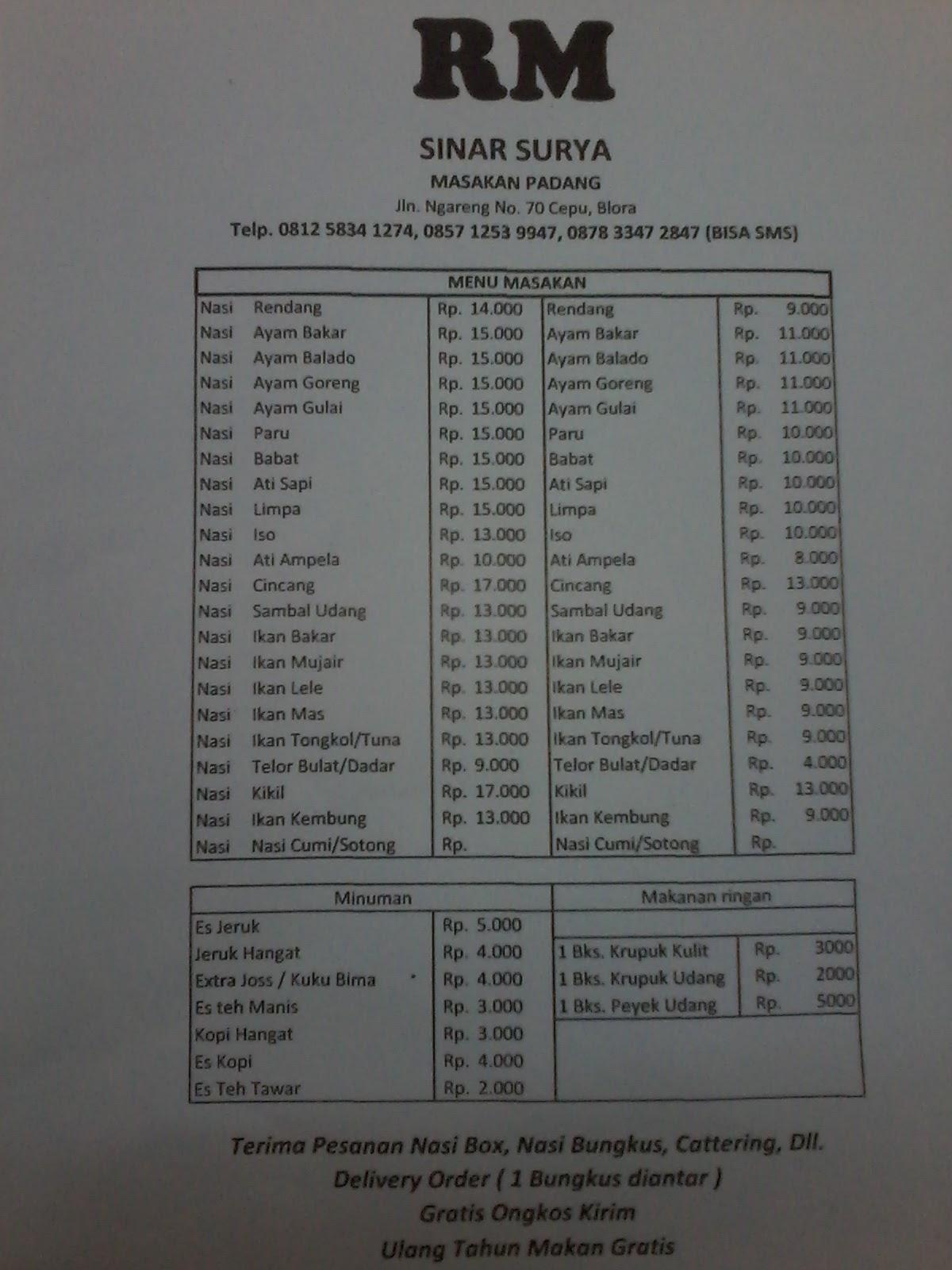 Menu at RM.PADANG SINAR SURYA restaurant, Balun