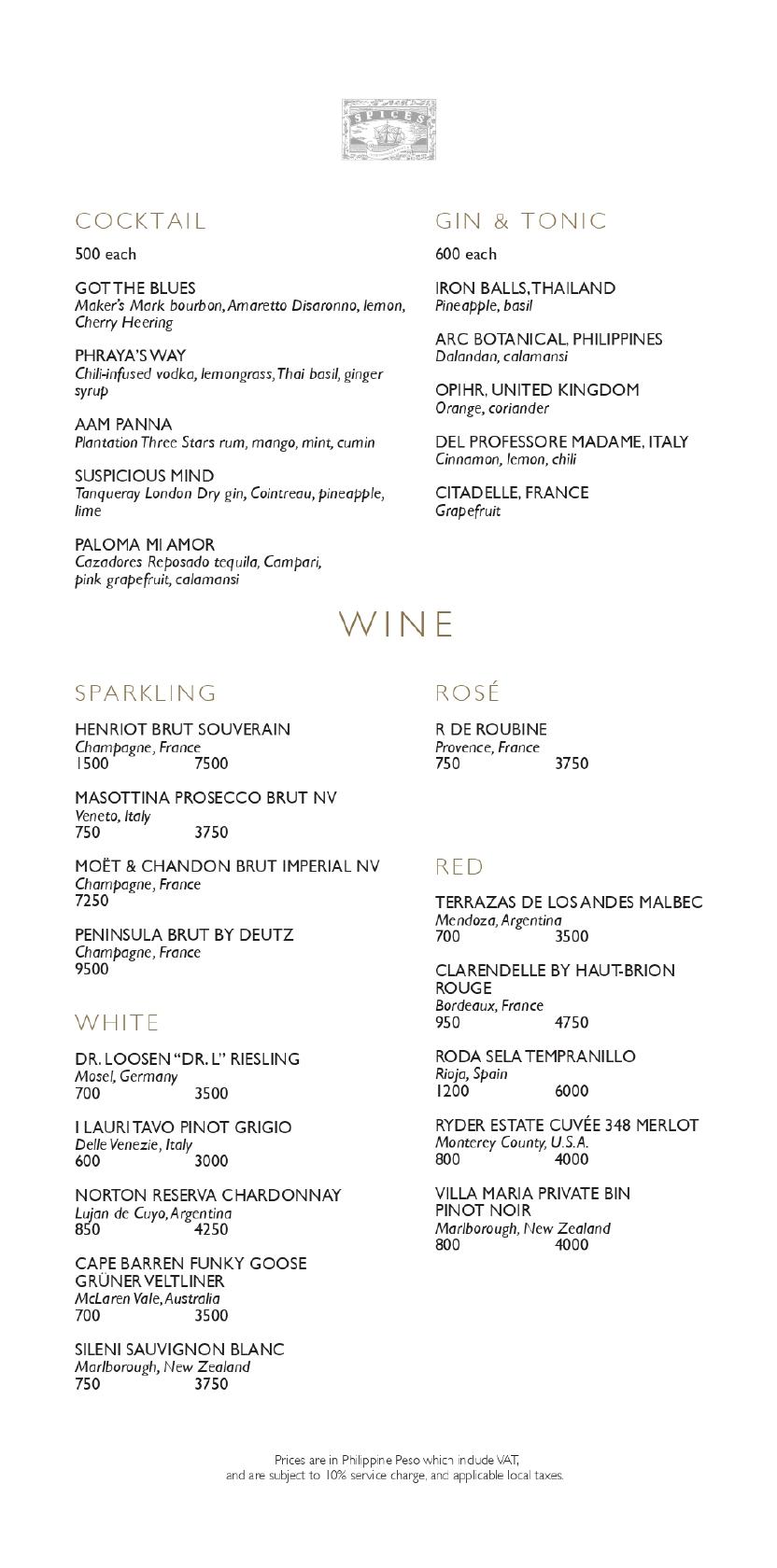 Menu at Spices at The Peninsula Manila restaurant, Makati