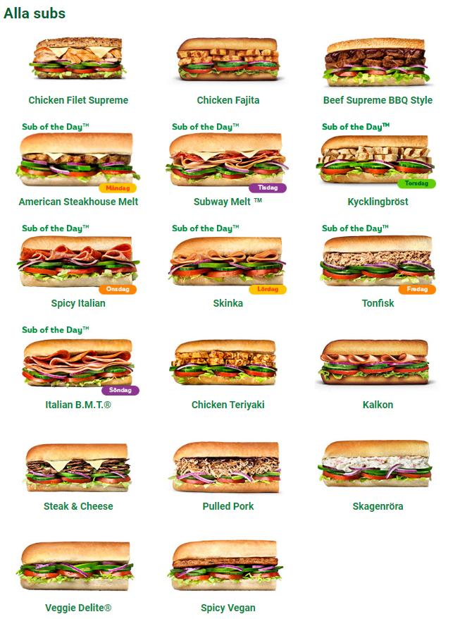 Menu at Subway restaurant, Vimmerby