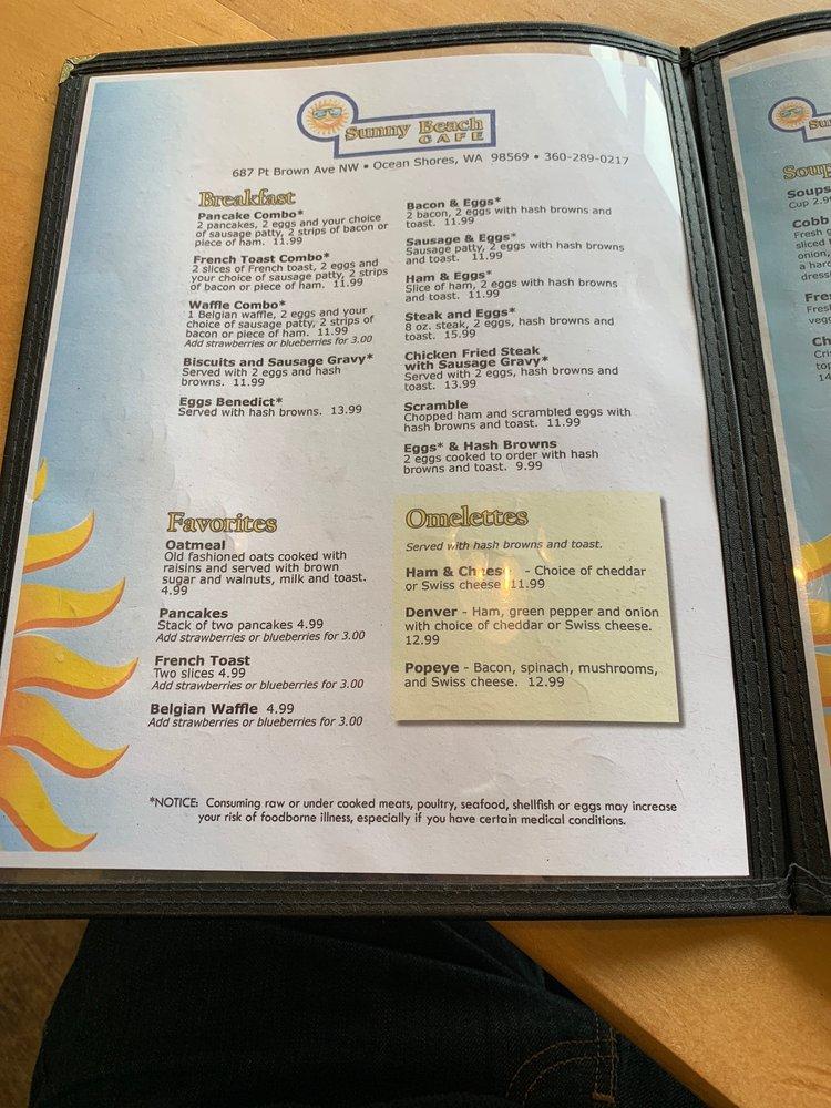 Menu at Sunny Beach Cafe, Ocean Shores