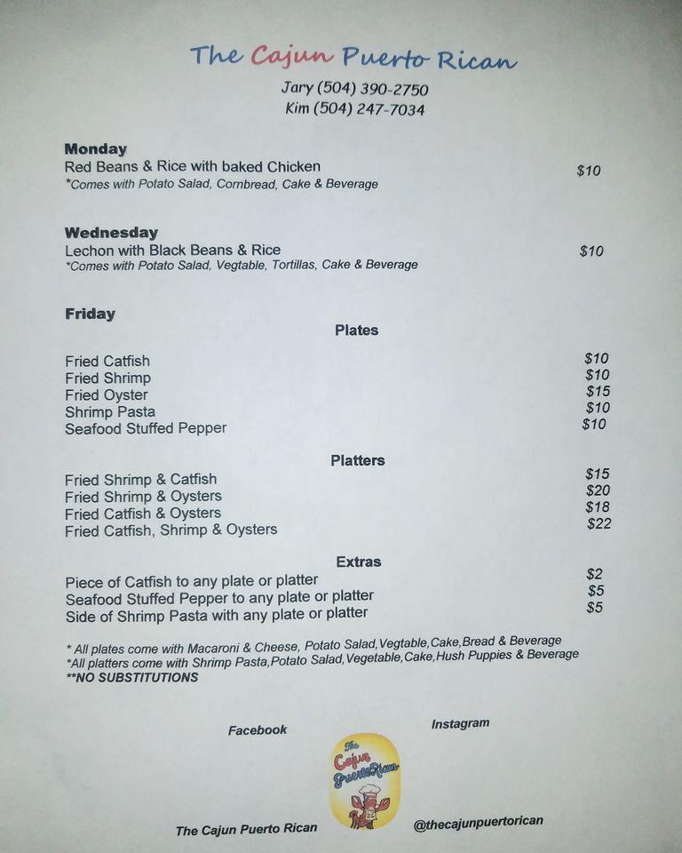 Menu at The Cajun Puerto Rican restaurant, New Orleans