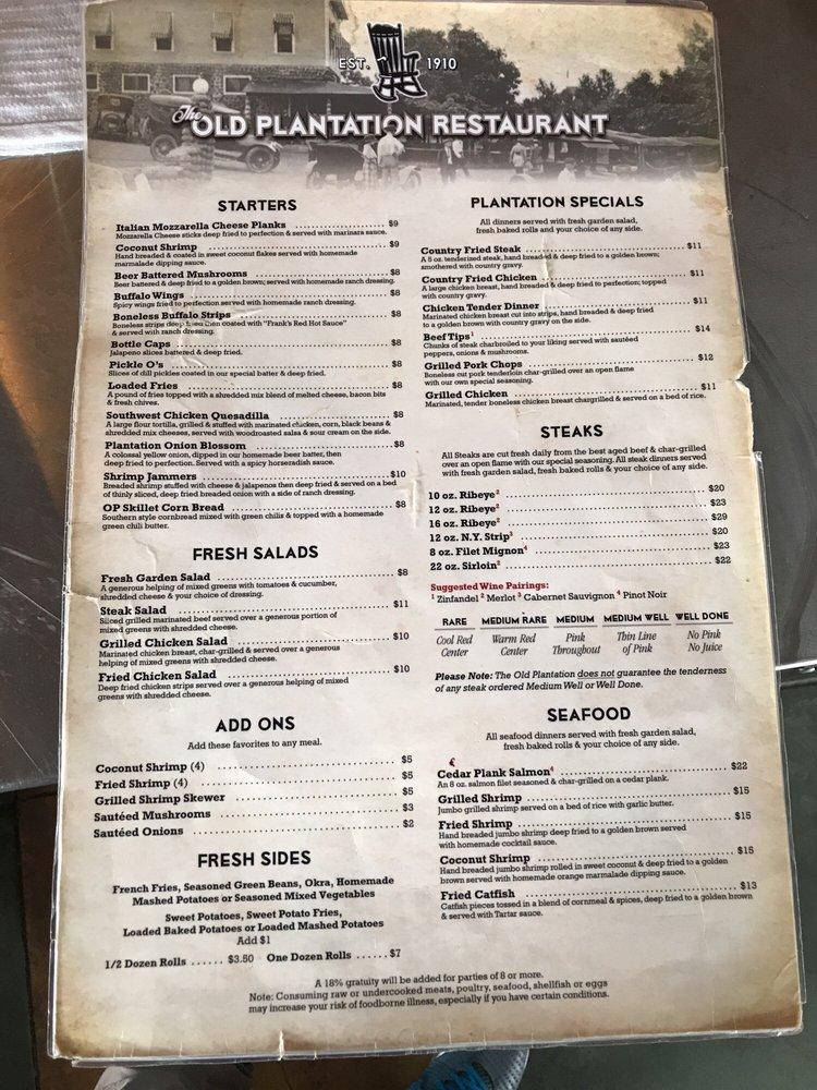 Menu at The Old Plantation Restaurant, Medicine Park