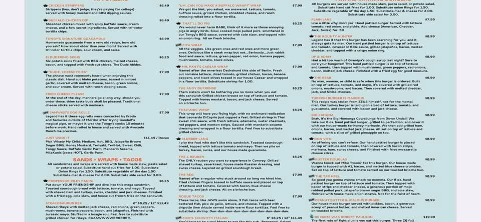 Menu at Tongy's Shmack House pub & bar, Conway, 201 Graduate Rd