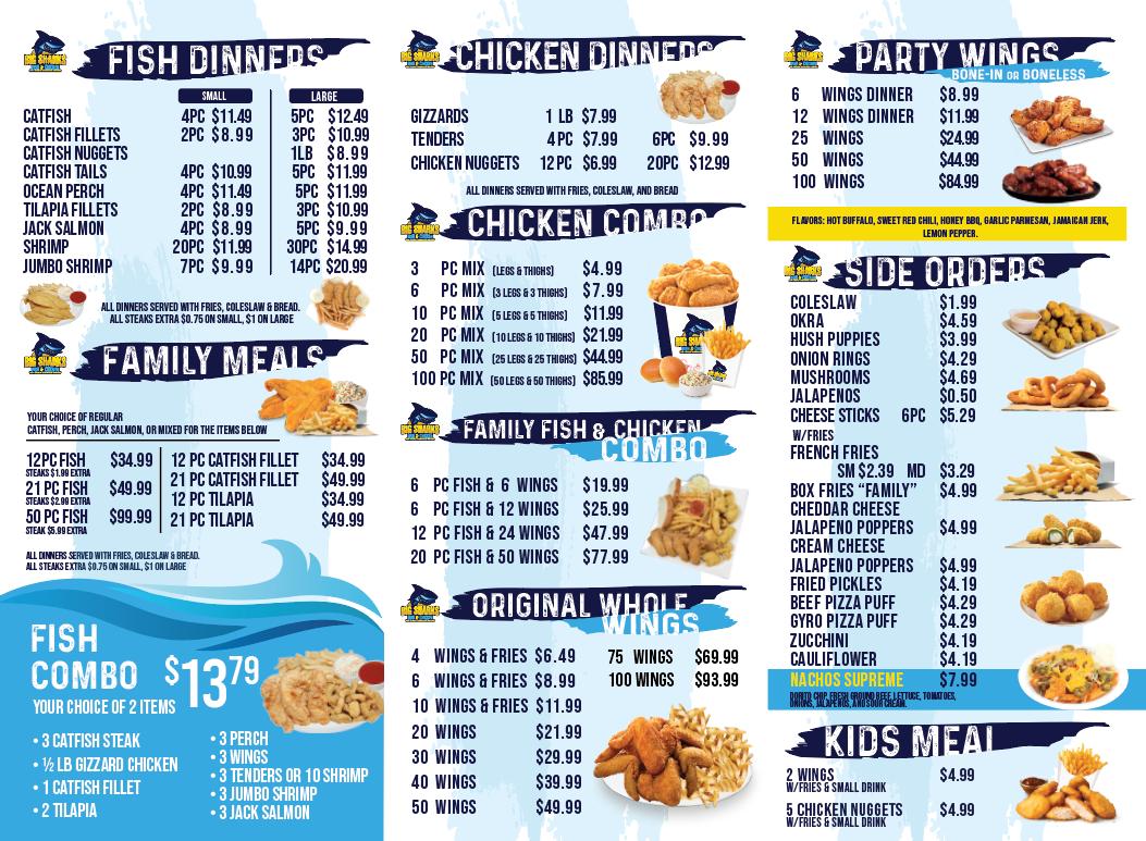Menu at Big Sharks fish and chicken restaurant, Milwaukee