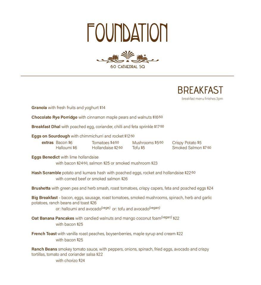 Menu at Foundation Cafe, Christchurch
