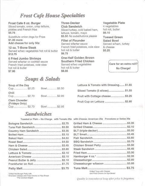 Menu at Frost Cafe, Culpeper