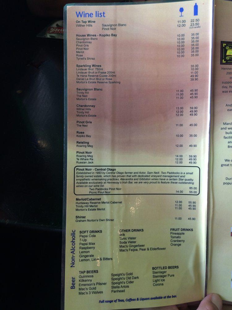 Menu at Hennessy's Irish Bar, Rotorua
