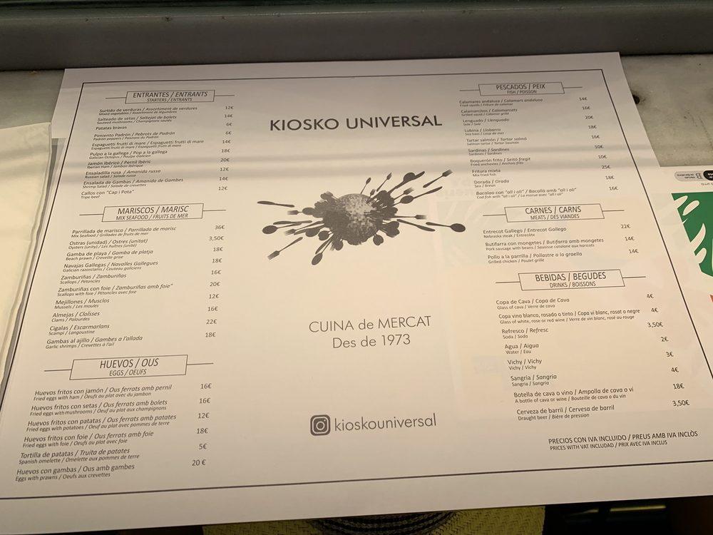 Menu at Kiosko Universal restaurant, Barcelona