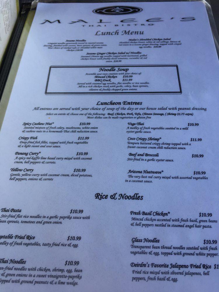 Menu at Malee's Thai Bistro pub & bar, Scottsdale, E Main St