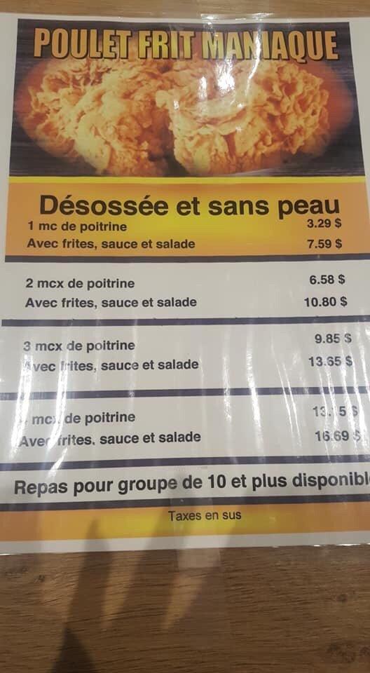 Menu au Poulet Frit Maniaque fast food, Marieville