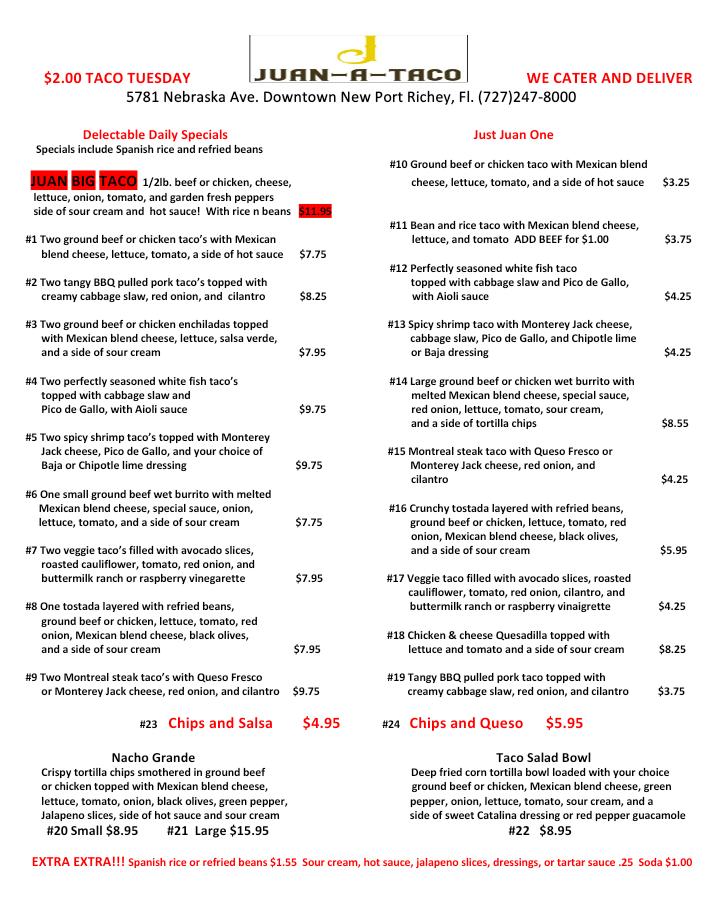 Menu at Juan-A-Taco Taco's & more Food Truck restaurant, New Port Richey