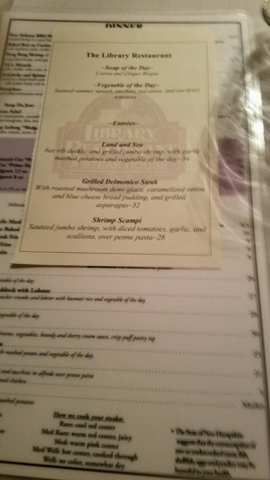 Menu at Library Restaurant, Portsmouth