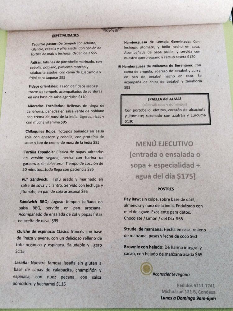 Menu at Los Antojos del Alma restaurant, Mexico City