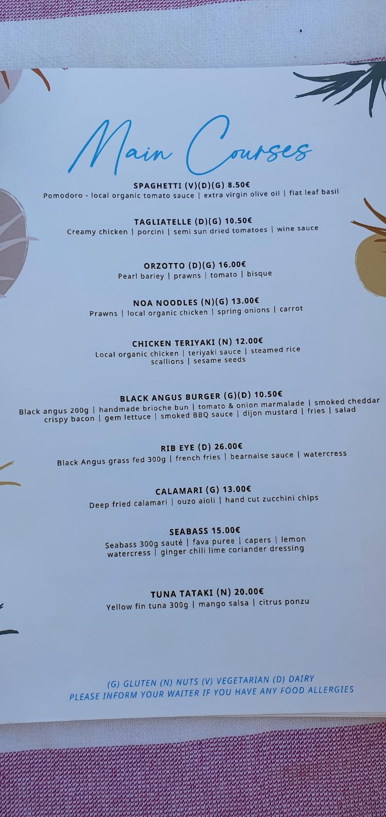 Menu at NOA Beach Bar & Restaurant, Kardámaina