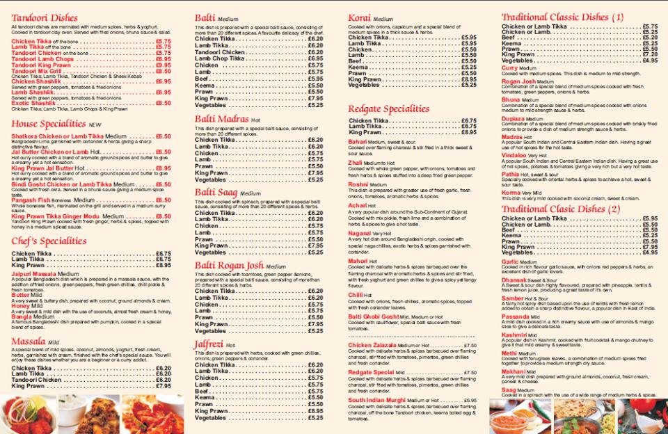 Menu at Redgate Indian restaurant, Liverpool