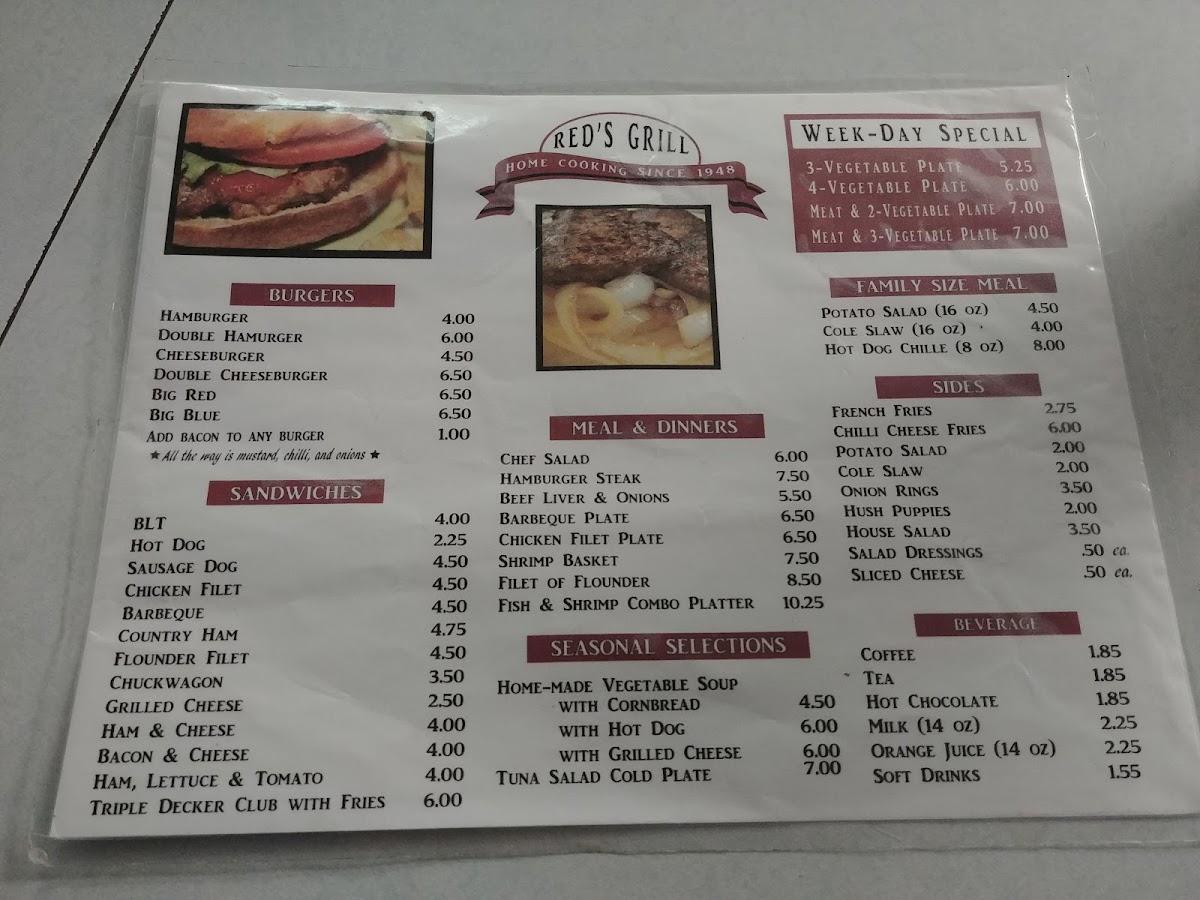 Menu at Red's Grill restaurant, Rock Hill