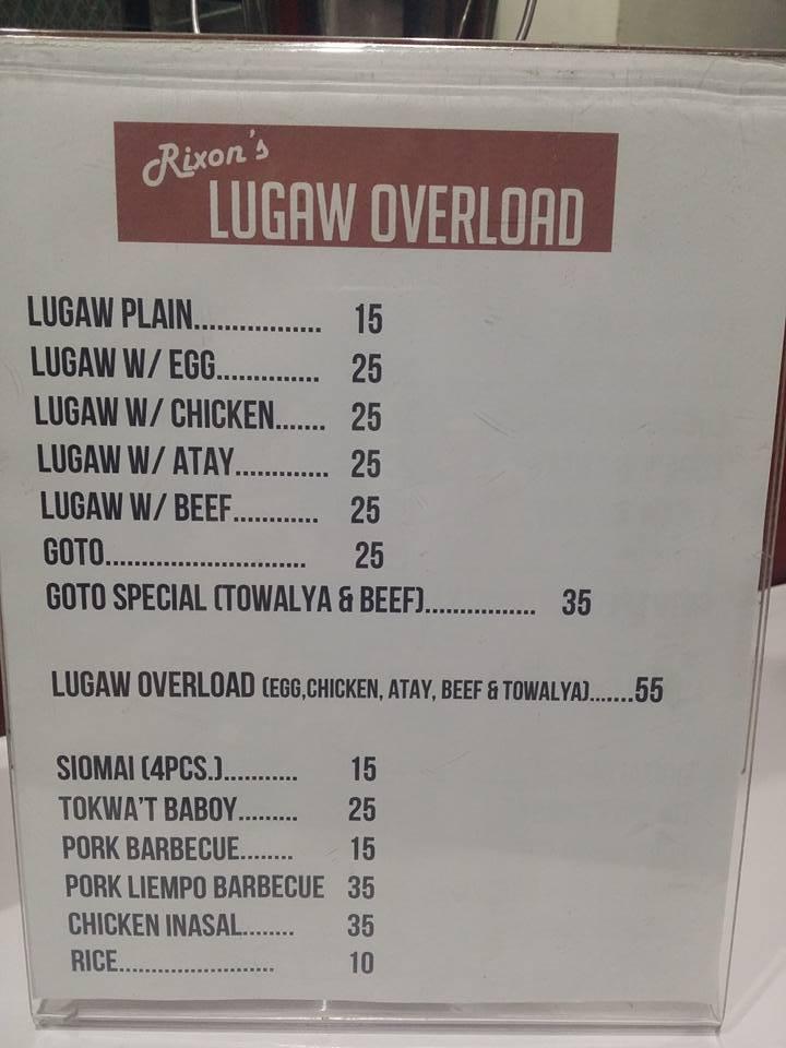 Menu at Rixon's Lugaw Overload restaurant, Taguig